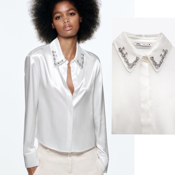 Zara | Tops | Zara Rhinestone Satin Shirt | Poshmark